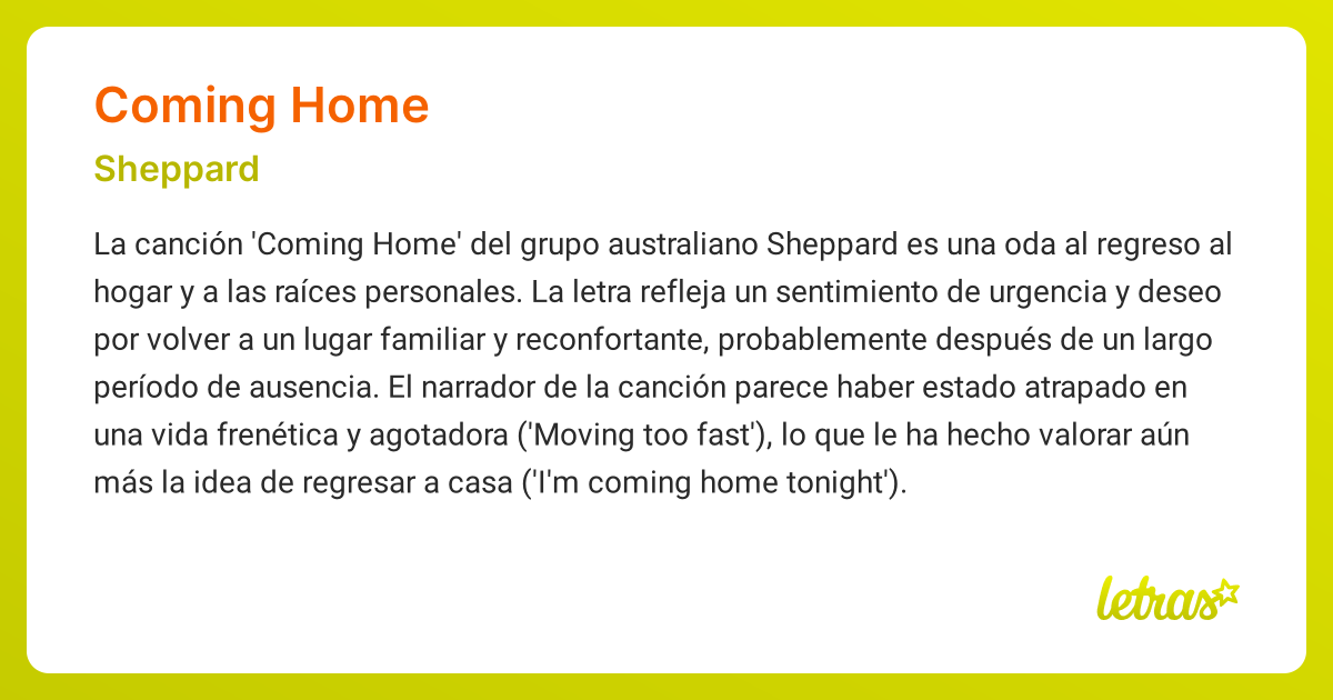 Significado de la canción COMING HOME (Sheppard) - LETRAS.COM