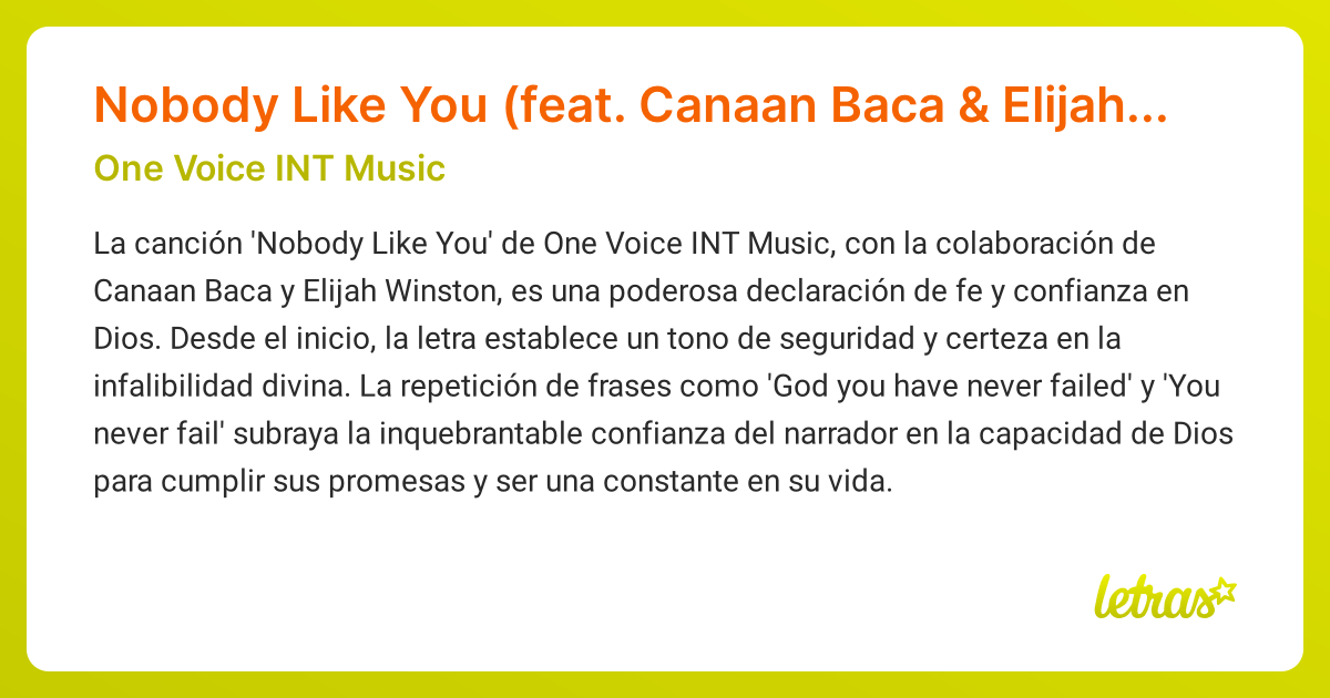 Significado de la canción Nobody Like You (feat. Canaan Baca & Elijah ...
