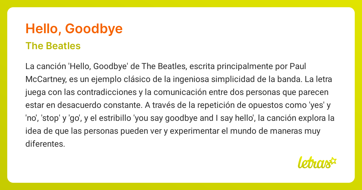 Significado de la canción HELLO, GOODBYE (The Beatles) - LETRAS.COM