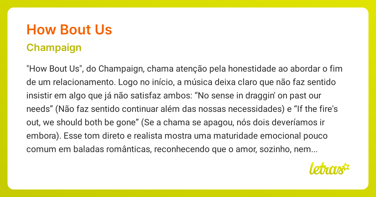 Significado da música HOW BOUT US (Champaign) - LETRAS.MUS.BR