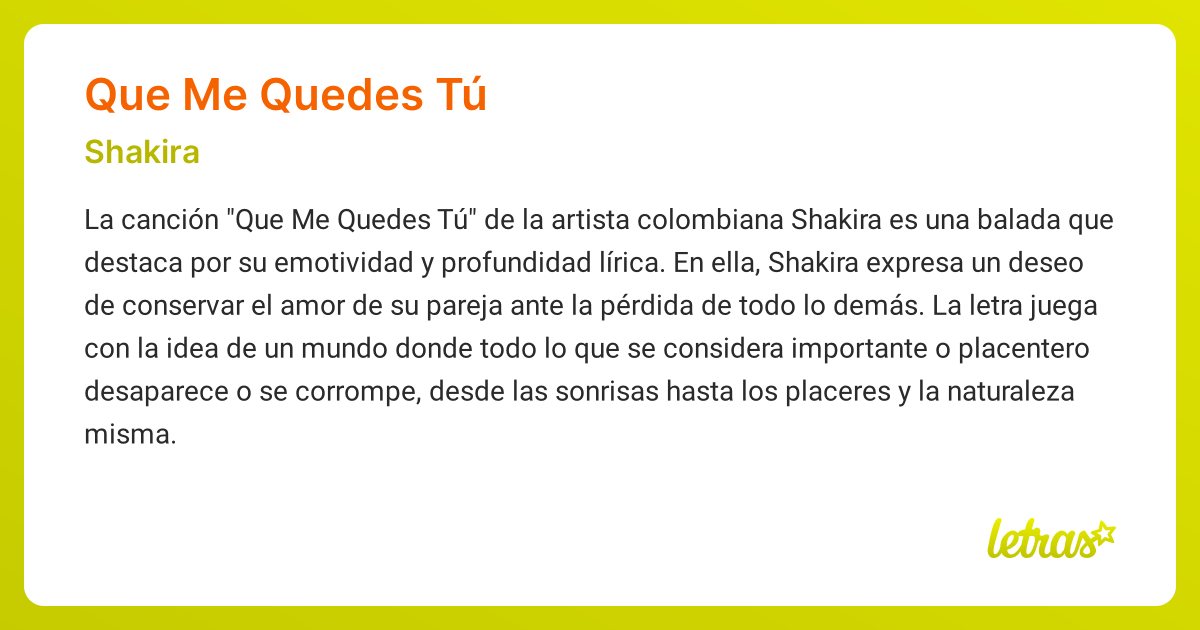 Significado de la canción QUE ME QUEDES TÚ (Shakira) - LETRAS.COM