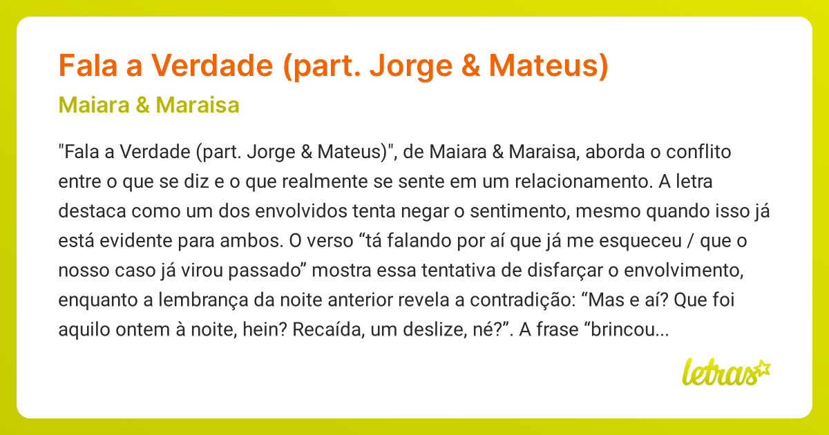 Significado da música Fala a Verdade (part. Jorge & Mateus) (Maiara ...