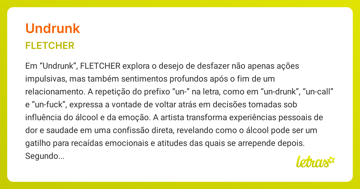 Significado da música UNDRUNK (FLETCHER) - LETRAS.MUS.BR
