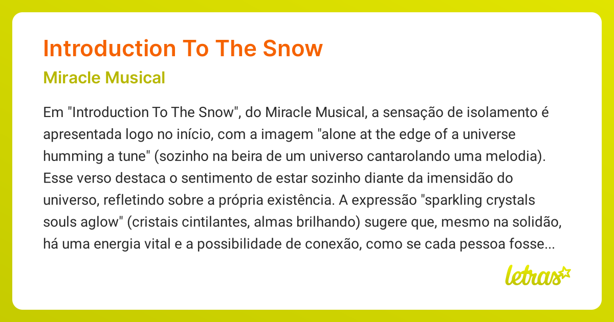 Significado da música INTRODUCTION TO THE SNOW (Miracle Musical ...