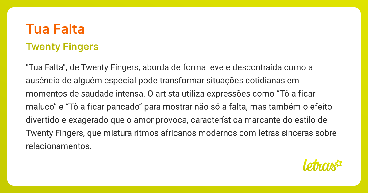 Significado da música TUA FALTA (Twenty Fingers) - LETRAS.MUS.BR