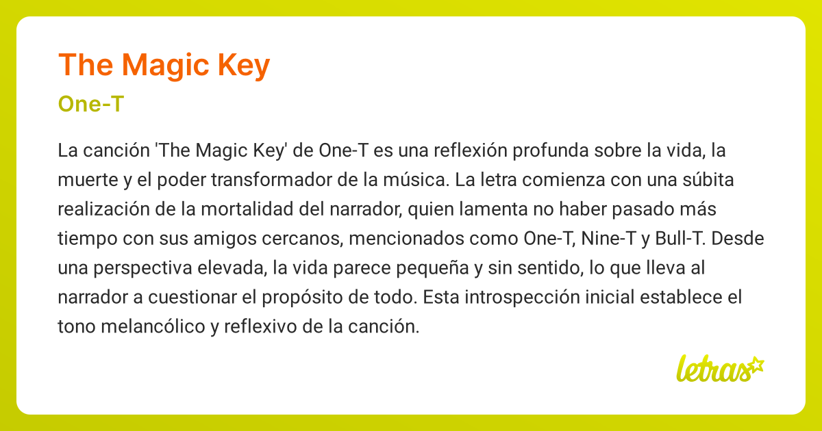 Significado de la canción THE MAGIC KEY (One-T) - LETRAS.COM