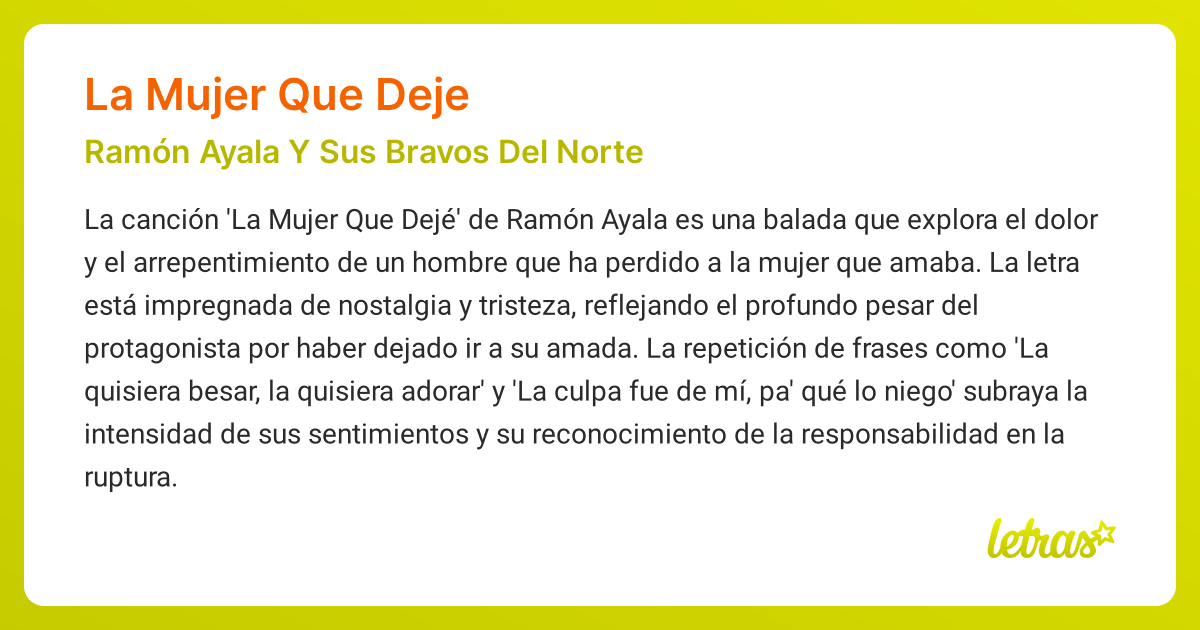 Significado de la canción LA MUJER QUE DEJE (Ramón Ayala Y Sus Bravos ...