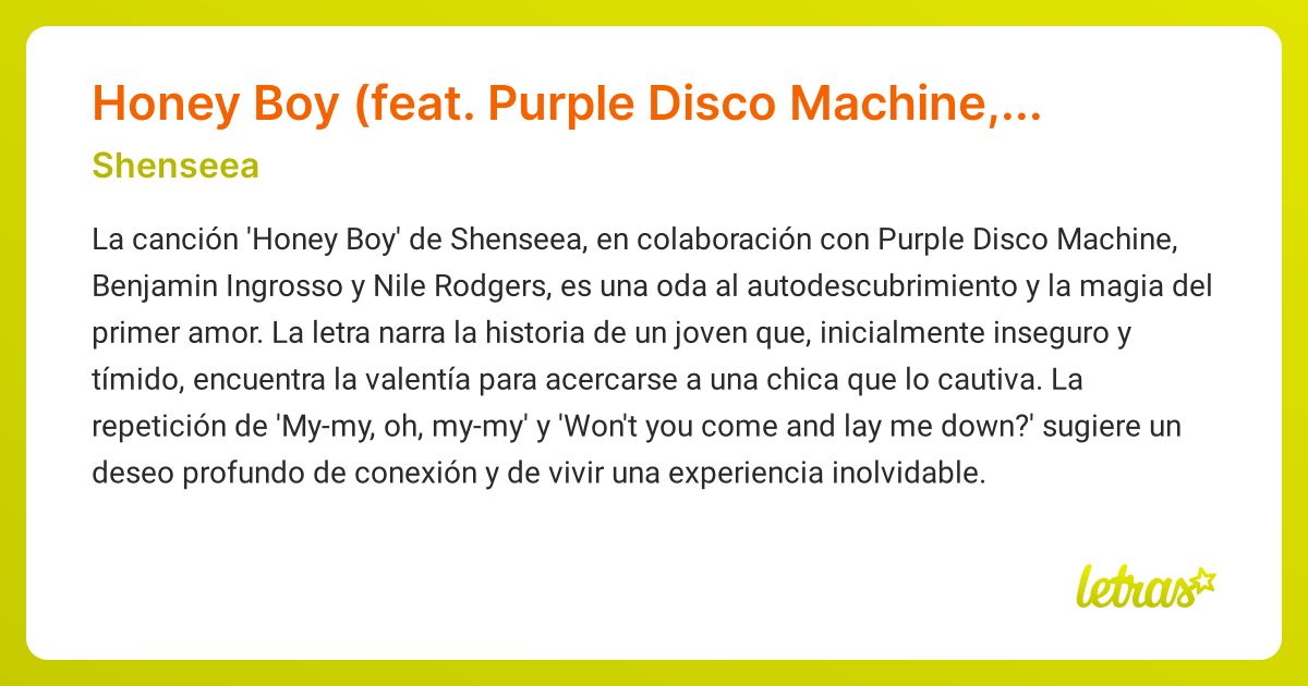 Significado de la canción Honey Boy (feat. Purple Disco Machine, Benjamin Ingrosso & Nile ...