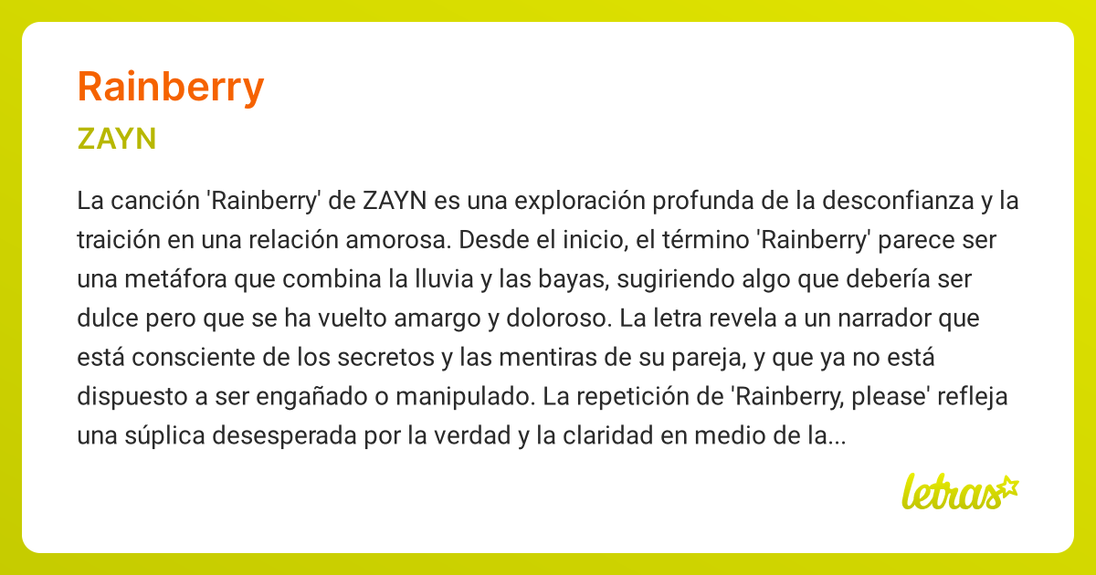 Significado de la canción RAINBERRY (ZAYN) - LETRAS.COM