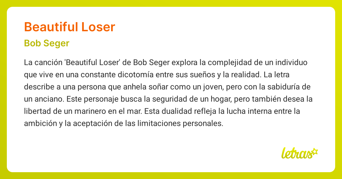 Significado de la canción BEAUTIFUL LOSER (Bob Seger) - LETRAS.COM