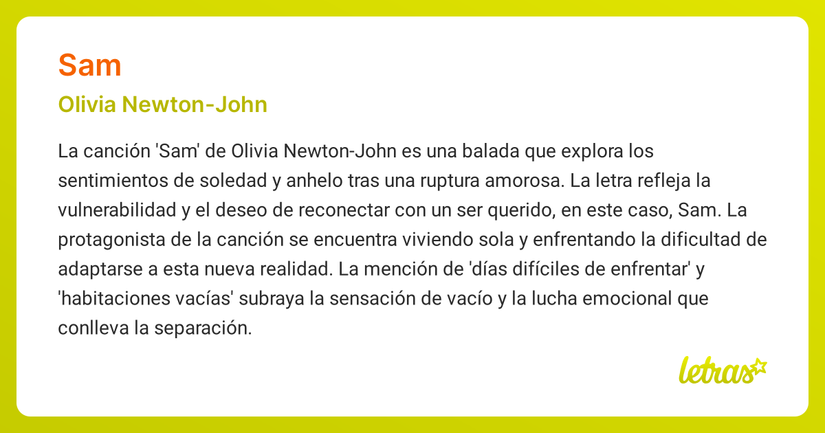 Significado de la canción SAM (Olivia Newton-John) - LETRAS.COM
