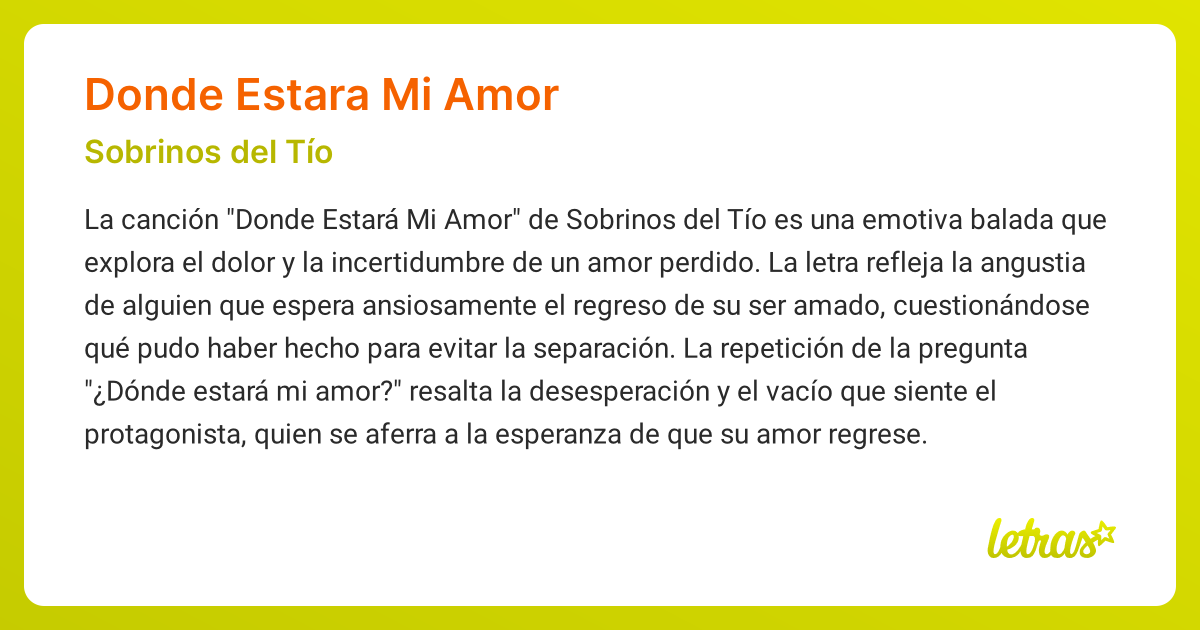 Significado de la canción DONDE ESTARA MI AMOR (Sobrinos del Tío ...
