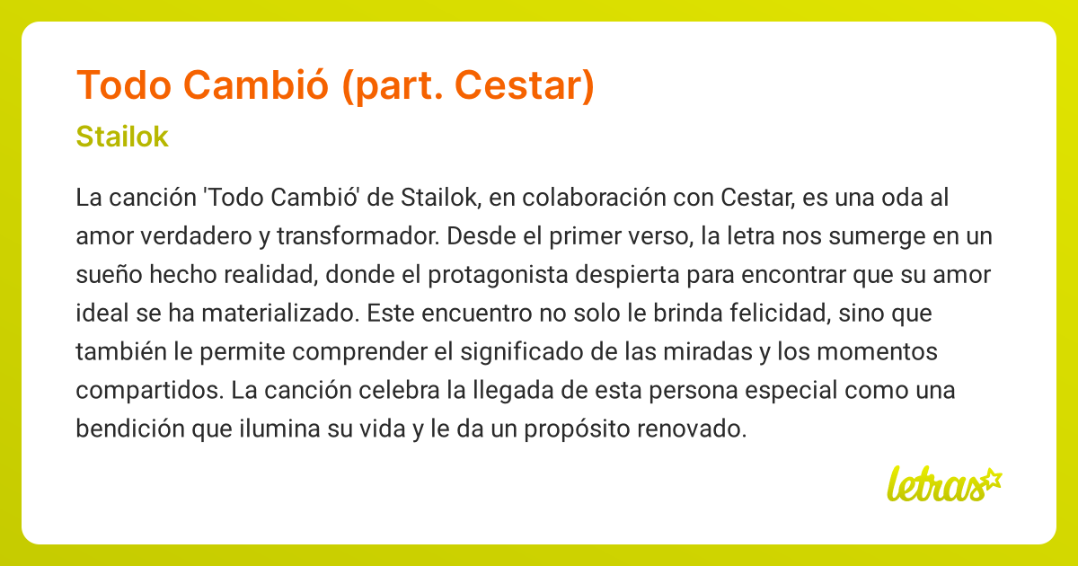 Significado de la canción TODO CAMBIÓ (PART. CESTAR) (Stailok) - LETRAS.COM