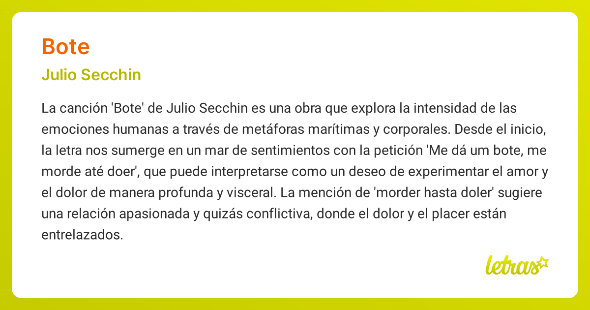 Significado de la canción BOTE (Julio Secchin) - LETRAS.COM