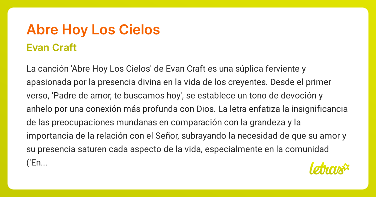 Significado de la canción ABRE HOY LOS CIELOS (Evan Craft) - LETRAS.COM