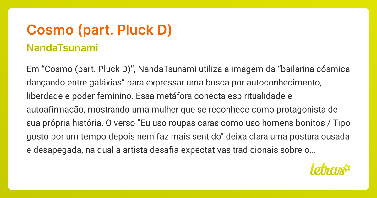 Significado da música COSMO (PART. PLUCK D) (NandaTsunami) - LETRAS.MUS.BR