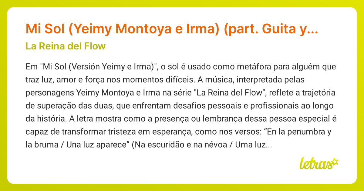 Significado da música Mi Sol (Yeimy Montoya e Irma) (part. Guita y ...
