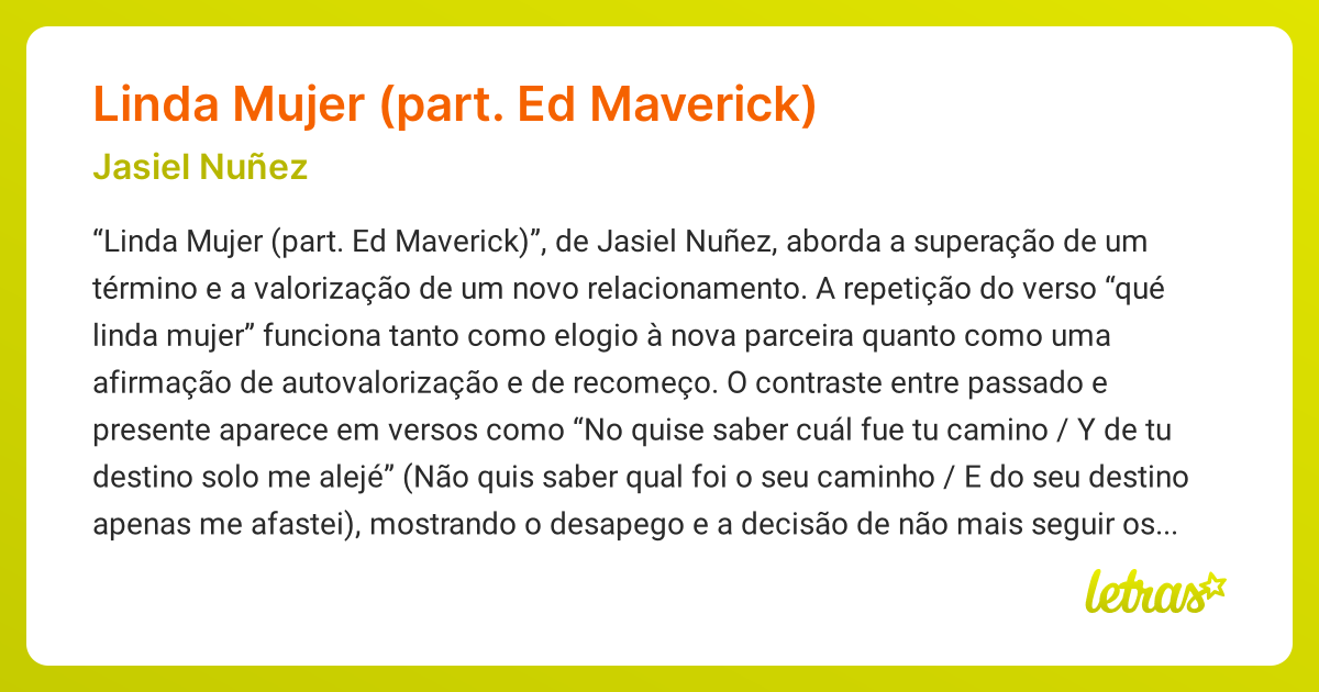 Significado da música Linda Mujer (part. Ed Maverick) (Jasiel Nuñez ...