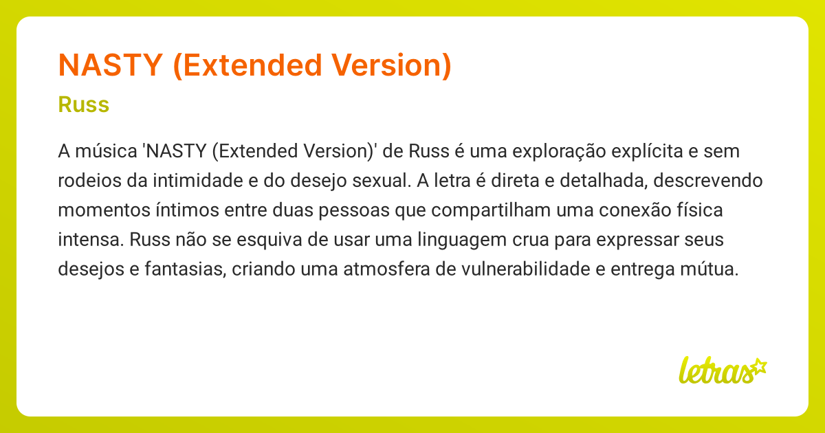 Significado da música NASTY (EXTENDED VERSION) (Russ) - LETRAS.MUS.BR
