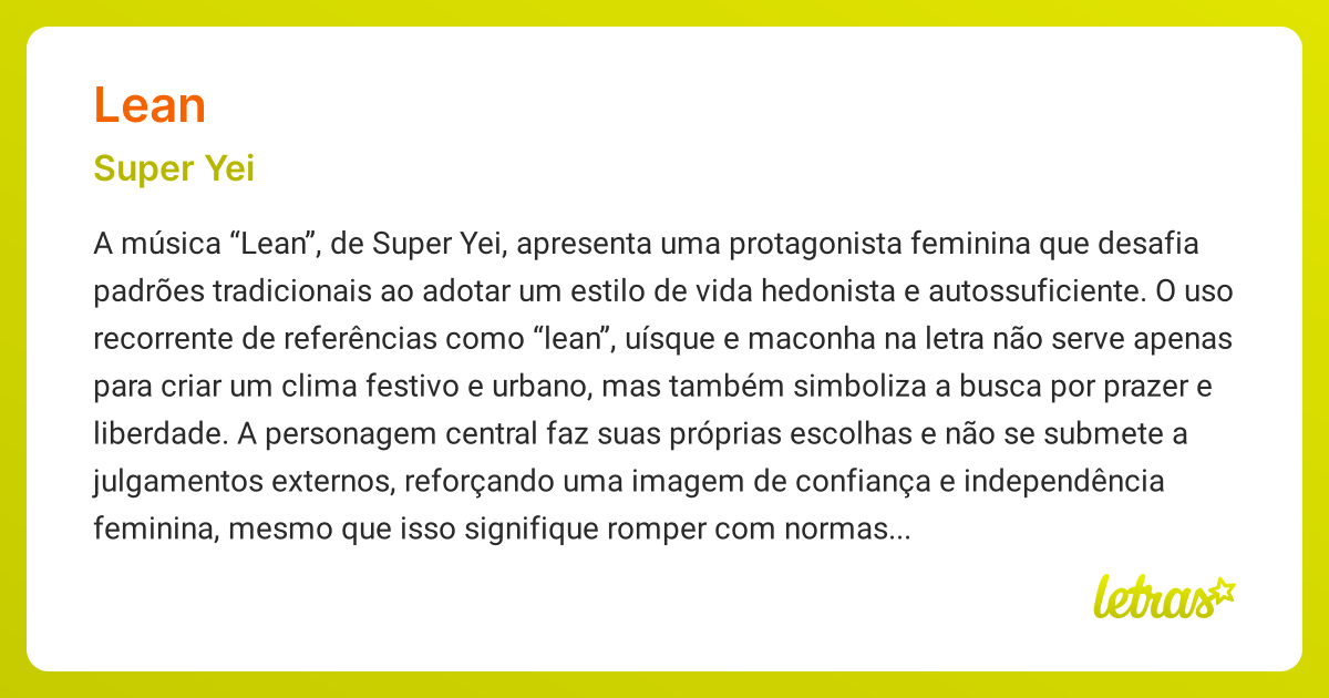 Significado da música LEAN (Super Yei) - LETRAS.MUS.BR