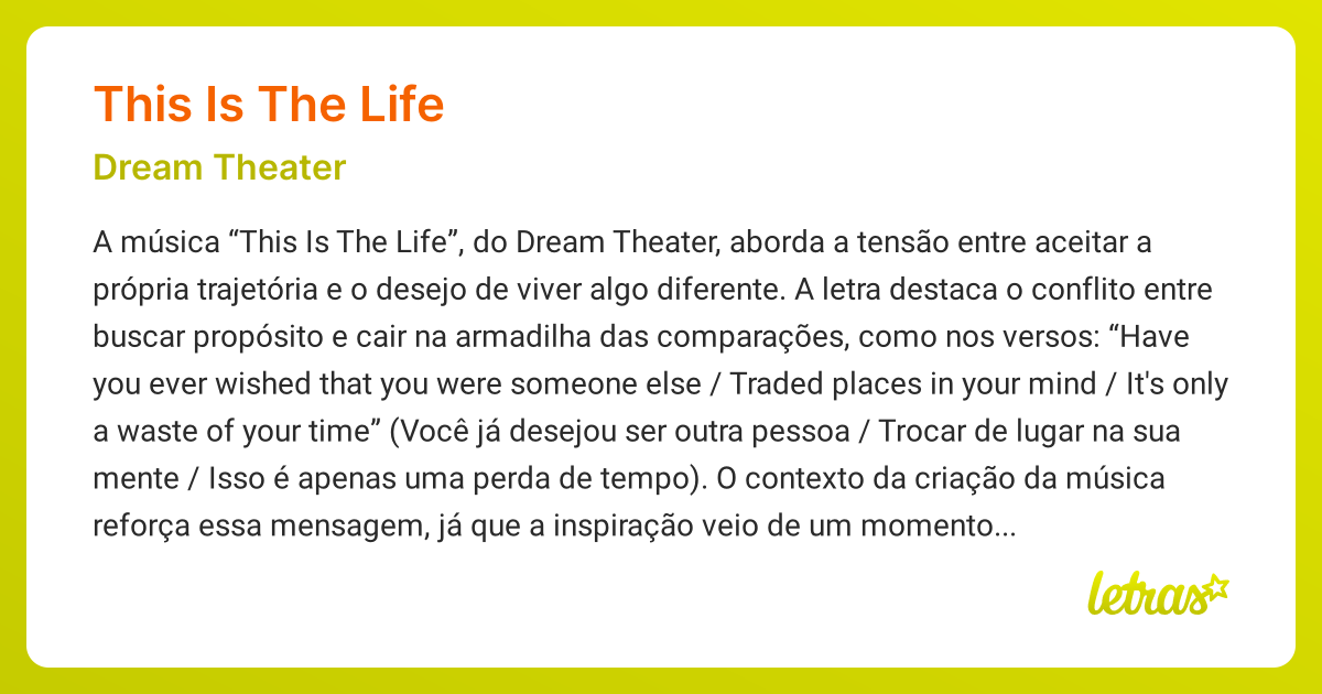 Significado da música THIS IS THE LIFE (Dream Theater) - LETRAS.MUS.BR