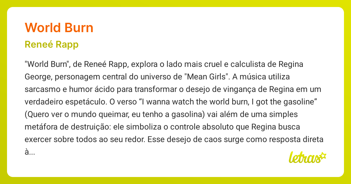 Significado da música WORLD BURN (Reneé Rapp) - LETRAS.MUS.BR