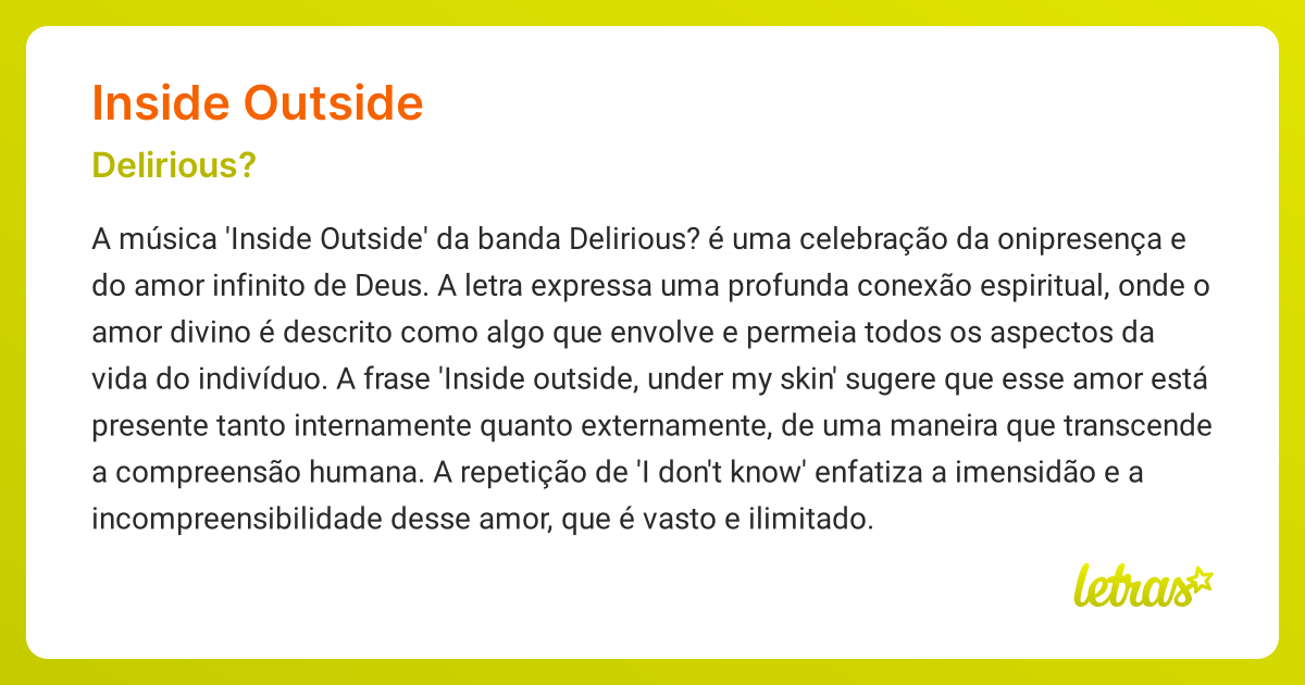 Significado da música INSIDE OUTSIDE (Delirious?) - LETRAS.MUS.BR