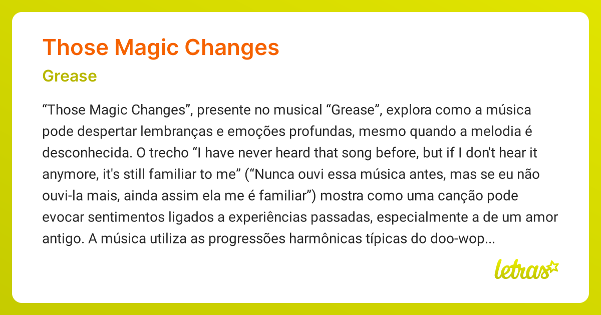 Significado da música THOSE MAGIC CHANGES (Grease) - LETRAS.MUS.BR