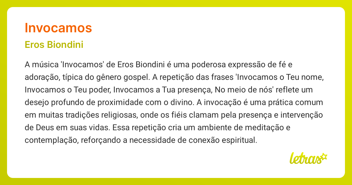 Significado da música INVOCAMOS (Eros Biondini) - LETRAS.MUS.BR