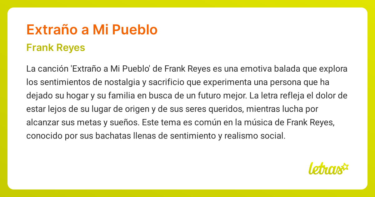 Significado de la canción EXTRAÑO A MI PUEBLO (Frank Reyes) - LETRAS.COM