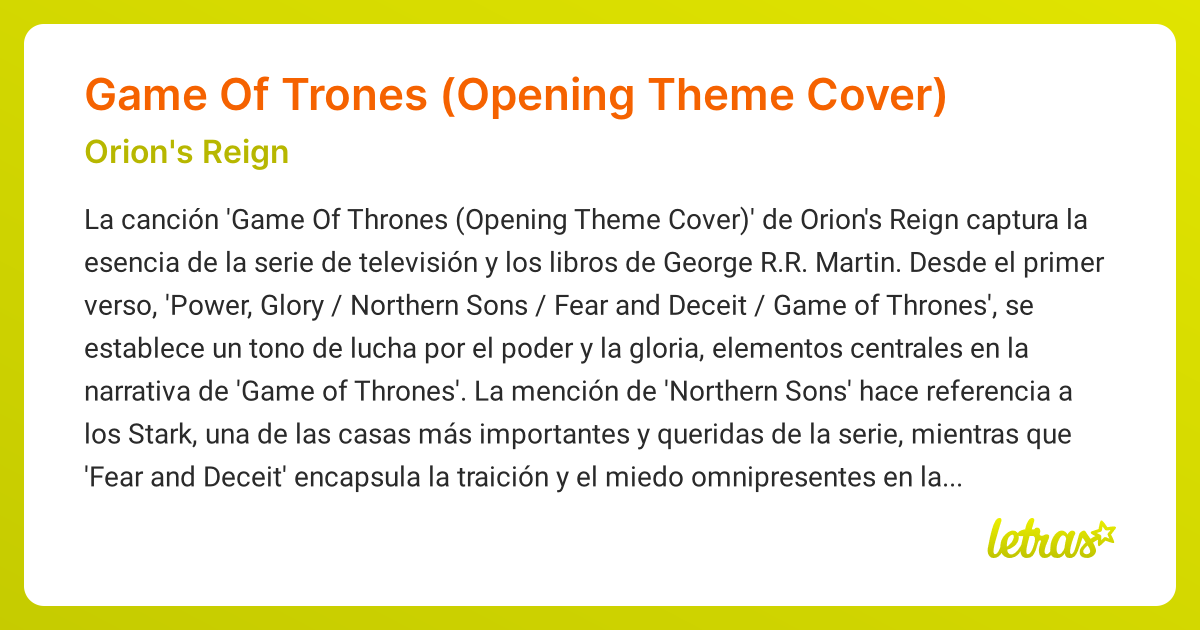 Significado de la canción Game Of Trones (Opening Theme Cover) (Orion's ...