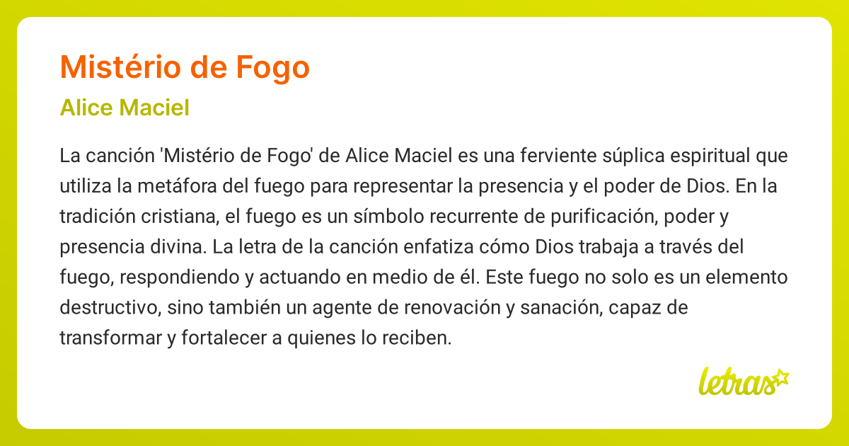 Significado de la canción MISTÉRIO DE FOGO (Alice Maciel) - LETRAS.COM