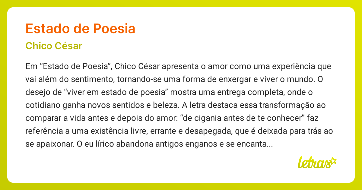 Significado da música ESTADO DE POESIA (Chico César) - LETRAS.MUS.BR