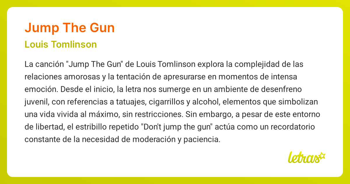 Significado de la canción JUMP THE GUN (Louis Tomlinson) - LETRAS.COM