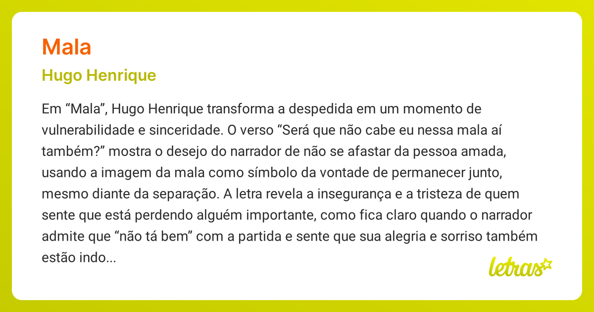 Significado da música MALA (Hugo Henrique) - LETRAS.MUS.BR