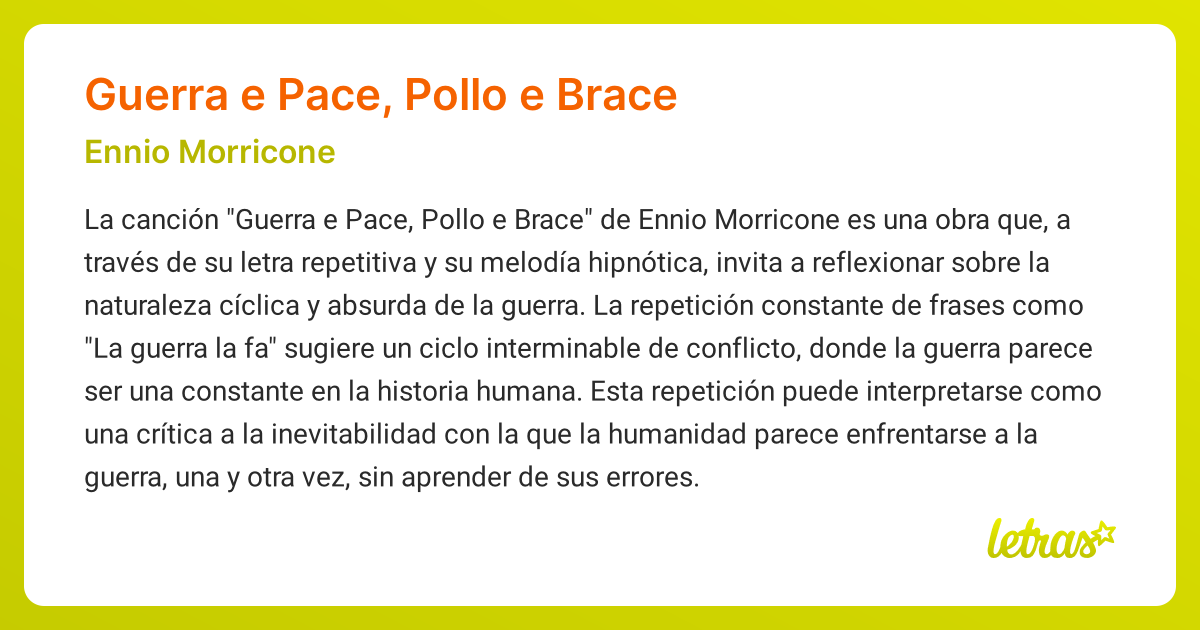 Significado de la canción GUERRA E PACE, POLLO E BRACE (Ennio Morricone ...