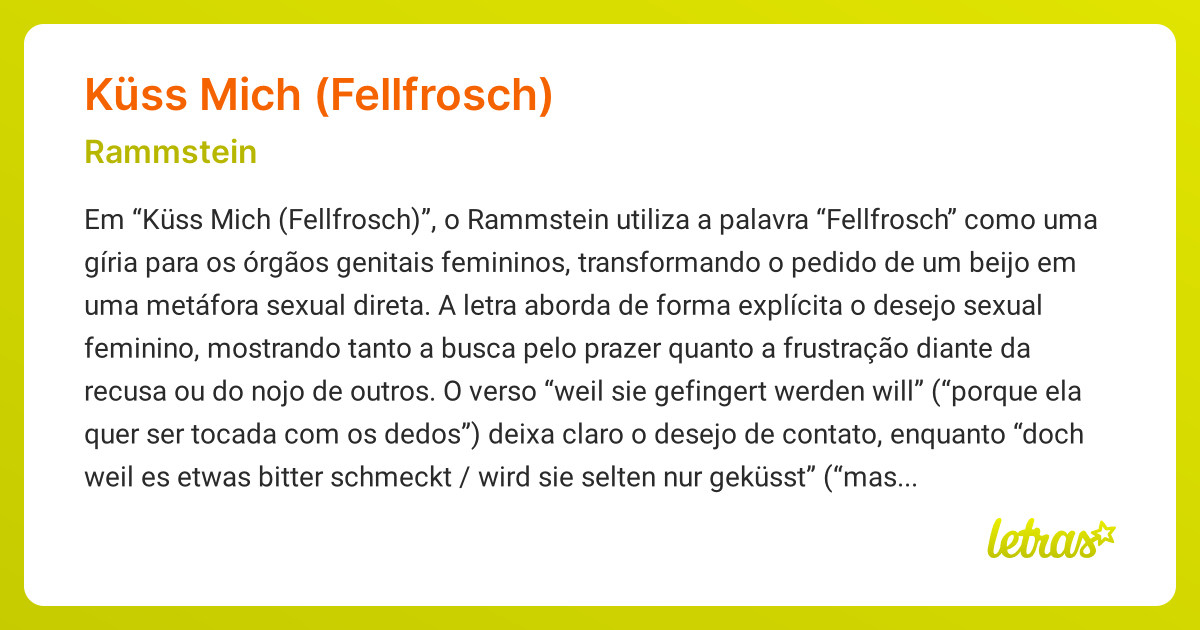 Significado da música KÜSS MICH (FELLFROSCH) (Rammstein) - LETRAS.MUS.BR