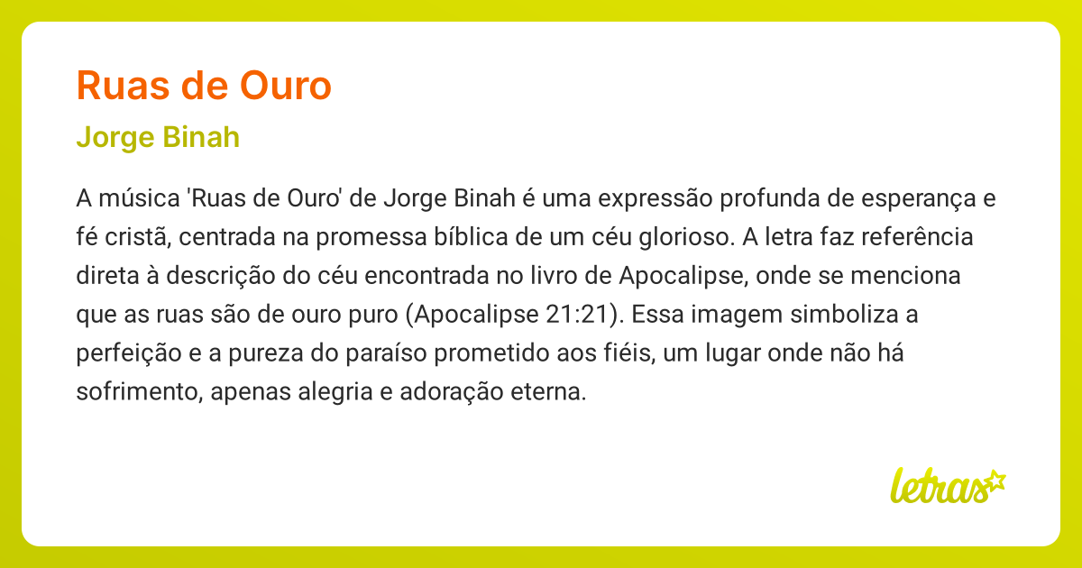 Significado da música RUAS DE OURO (Jorge Binah) - LETRAS.MUS.BR