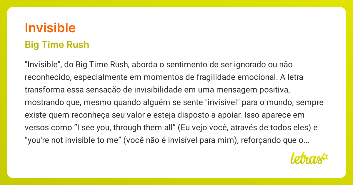 Significado da música INVISIBLE (Big Time Rush) - LETRAS.MUS.BR