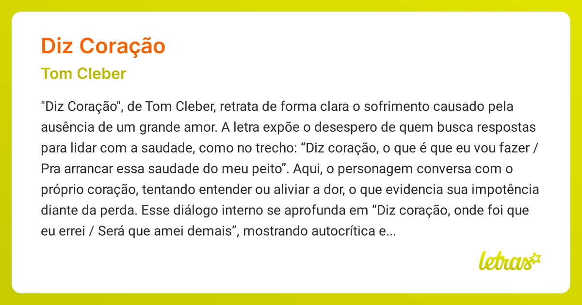 Significado da música DIZ CORAÇÃO (Tom Cleber) - LETRAS.MUS.BR