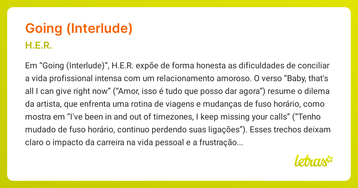 Significado da música GOING (INTERLUDE) (H.E.R.) - LETRAS.MUS.BR