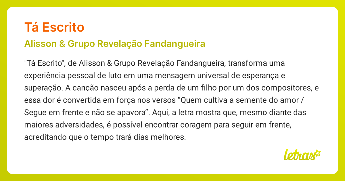 Significado da música TÁ ESCRITO (Alisson & Grupo Revelação ...