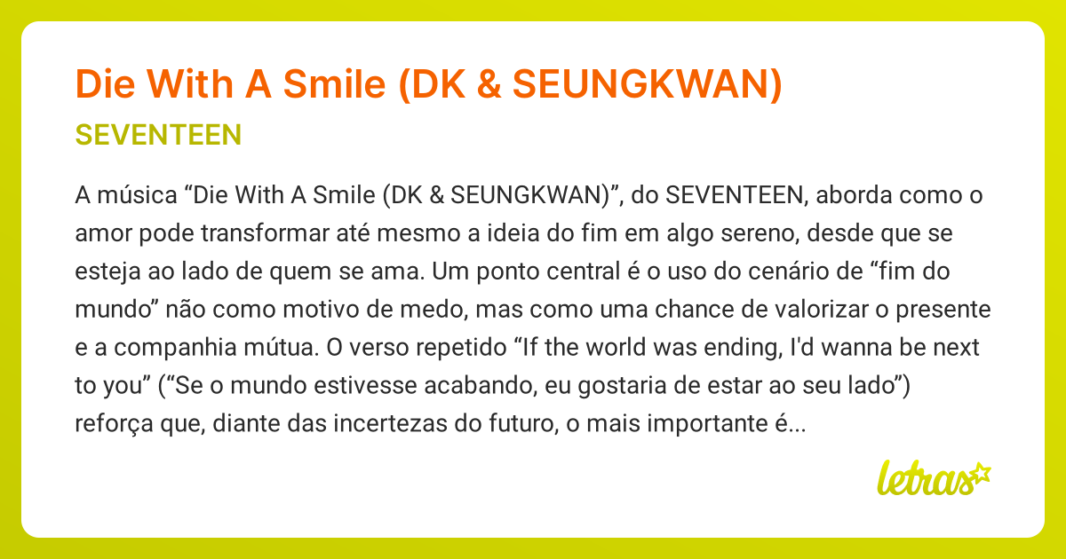 Significado da música Die With A Smile (DK & SEUNGKWAN) (SEVENTEEN ...
