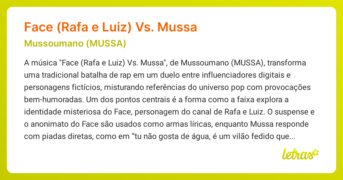Significado da música FACE (RAFA E LUIZ) VS. MUSSA (Mussoumano (MUSSA ...