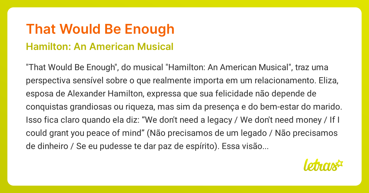 Significado da música THAT WOULD BE ENOUGH (Hamilton: An American ...