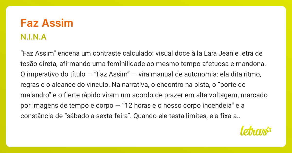 Significado da música FAZ ASSIM (N.I.N.A) - LETRAS.MUS.BR