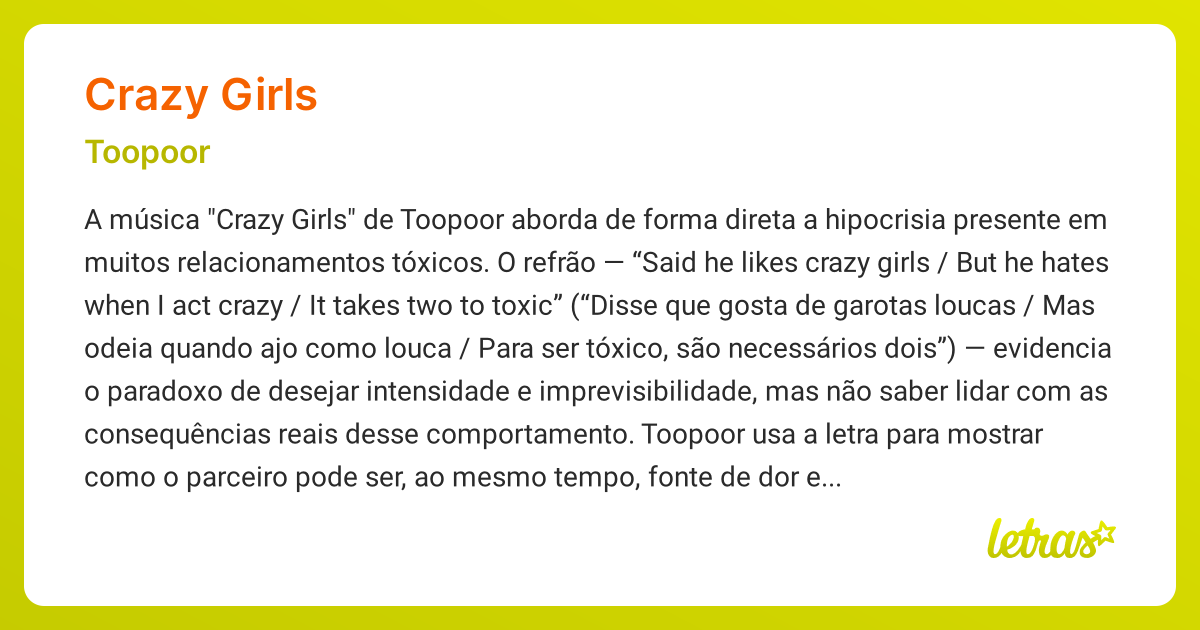 Significado Da Música Crazy Girls Toopoor Letrasmusbr