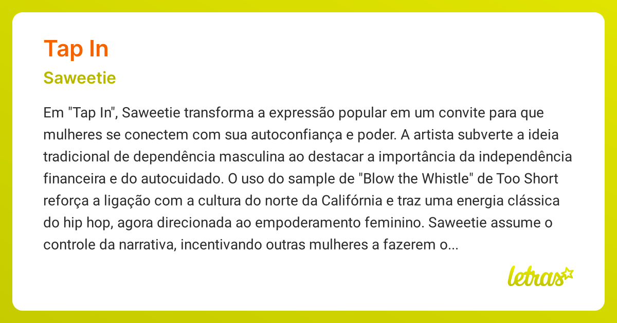 Significado da música TAP IN (Saweetie) - LETRAS.MUS.BR