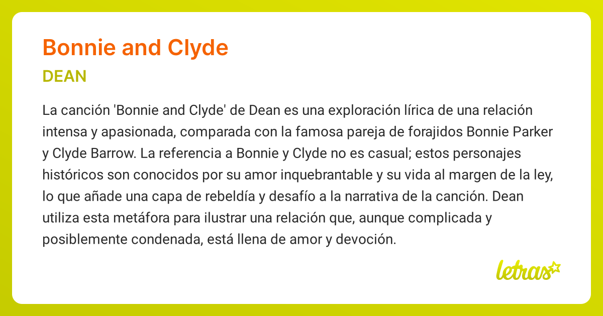 Significado de la canción BONNIE AND CLYDE (DEAN) - LETRAS.COM