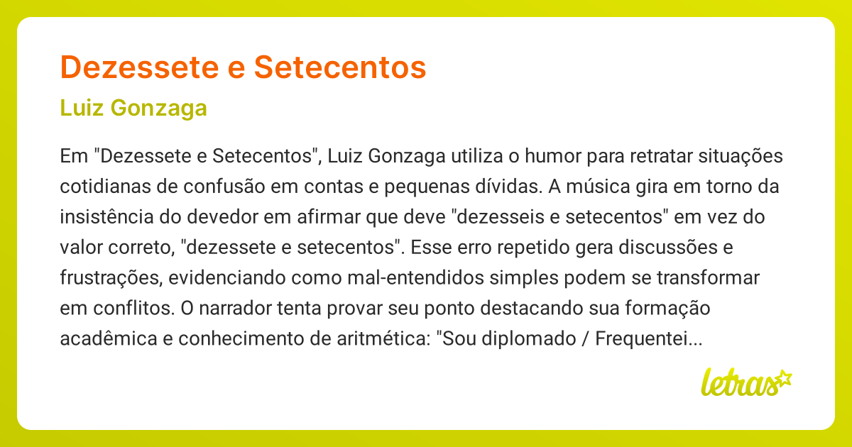 Significado da música DEZESSETE E SETECENTOS (Luiz Gonzaga) - LETRAS.MUS.BR